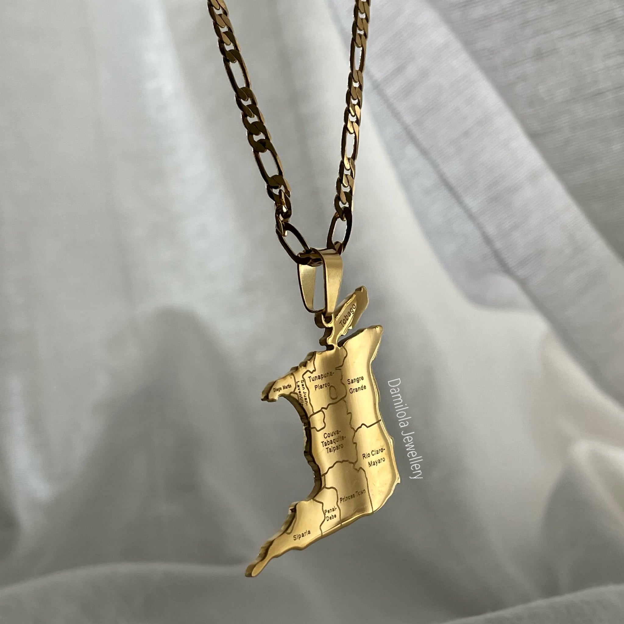 Trinidad Flag Map Necklace - Engraved - Gold & Silver - ‘Together We A